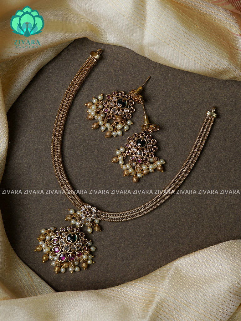 Flexible chain real kemp pendant-Traditional south indian premium neck ...